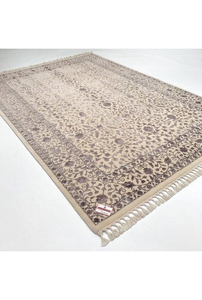 Halıcızade Krem Mor Klasik Tasarım Uşak Desenli Pamuk, Bambu, Yün El Dokuma Halı