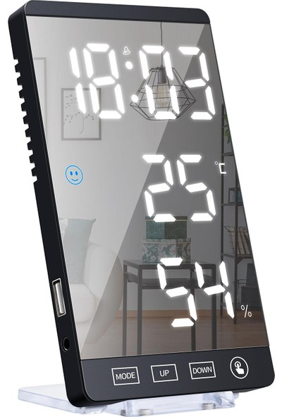 Valkyrie Aynalı LED Dereceli Nem Ölçer Alarmlı Masa Saati Siyah