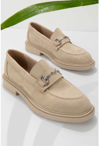 Bambi Bej Süet Kadın Loafer Ayakkabı K01640000302