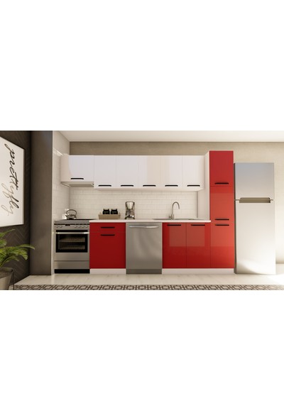 Visas Concept 300 cm Seçkin Hazır Mutfak Dolabı Aspiratör ve Kiler Modüllü Parlak Beyaz ve Kırmızı Visas Concept 300 cm Seçkin Hazır Mutfak Dolabı Aspiratör ve Kiler Modüllü Parlak Beyaz ve Kırmızı