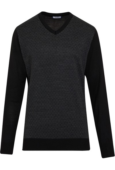 Hatemoğlu Siyah Desenli V Yaka Yünlü Triko Kazak