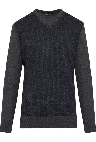 Hatemoğlu Gri Desenli V Yaka Yünlü Triko Kazak