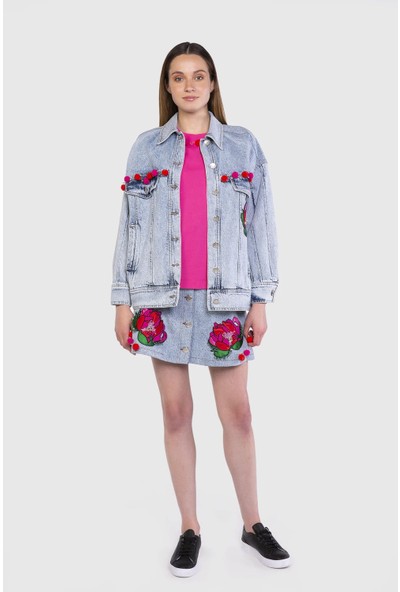 GIZIA Oversize Aplikeli Işlemeli Detaylı Mavi Mont