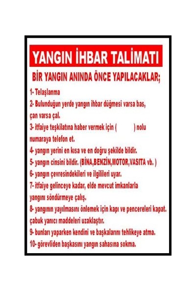 İş Güvenliği Sepeti Yangın Ihbar Talimatı Levhası