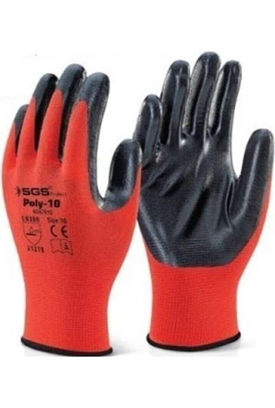 Sgs Nitrik Kaplı Kırmızı Siyah Eldiven 12 Adet No:9