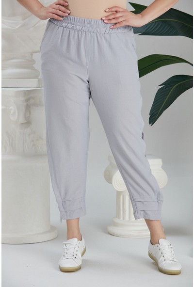 Rmg Paça Yırtmaç Detaylı Beli Lastikli Büyük Beden Gri Pantolon