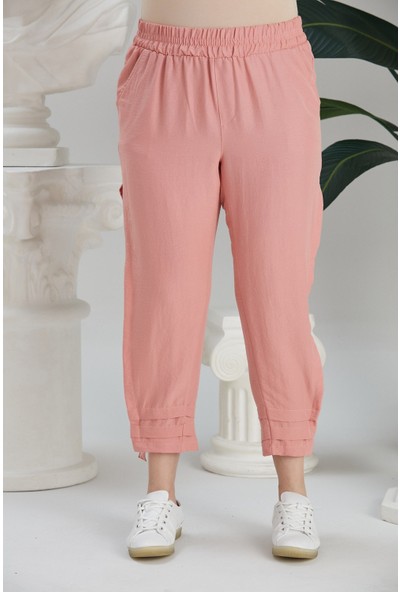Rmg Paça Yırtmaç Detaylı Beli Lastikli Büyük Beden Pudra Pantolon