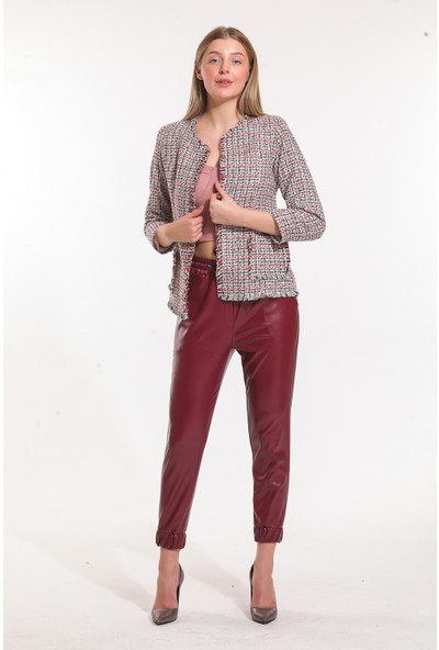 Sense Önü Cepli Kendinden Ip Püsküllü Chanel Ceket | CKT32477 Pembe Kırmızı