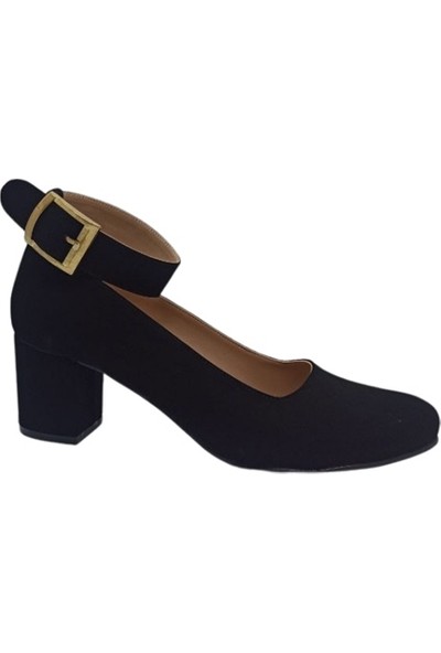 Ay Ayakkabım Kadın Siyah Süet Atkılı Kalın Topuklu Ayakkabı-01