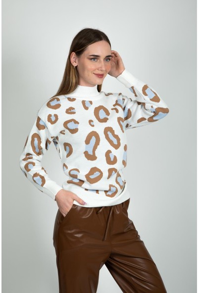 Oynoo Fashion Bej Modern Baskı Tasarımlı Triko Kazak