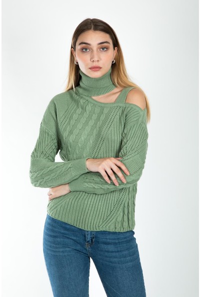 Oynoo Fashion Yeşil Omuz Detaylı Triko Kazak