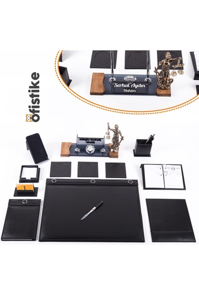 Ofistike Sümen Takımı Düğmeli ve Themis Heykelli Masa İsimlik - Siyah Ofistike Sümen Takımı Düğmeli ve Themis Heykelli Masa İsimlik - Siyah