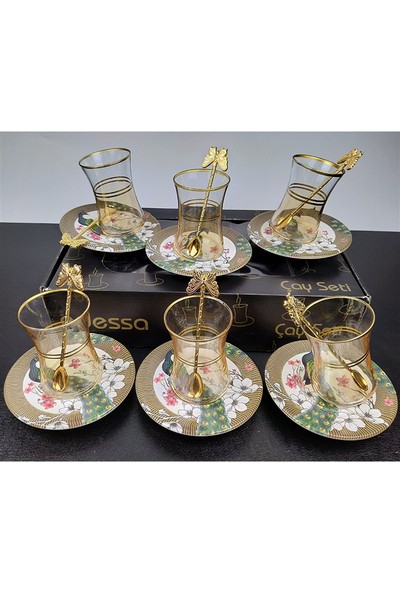 Edessa Tavus Kuş Desenli Gold 12 Parça Çay Seti