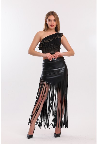 Püsküllü Deri Etek | ETK33848 Siyah