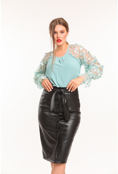 Sense Beli Kuşaklı Önü Düğmeli Deri Etek | ETK33549 Siyah