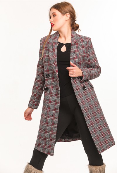 Sense Astarlı Desenli Uzun Kaban | KBN33166 Siyah Gri Ekose