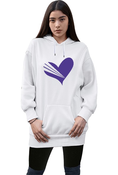 Mor Kalp Tasarımlı Kadın Uzun Hoodie Kapüşonlu Sweatshirt