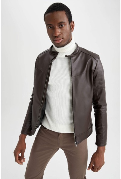DeFacto Slim Fit Dik Yaka Rüzgar Geçirmez Su İtici Suni Deri Biker Ceket W5563AZ22SP DeFacto Slim Fit Dik Yaka Rüzgar Geçirmez Su İtici Suni Deri Biker Ceket W5563AZ22SP