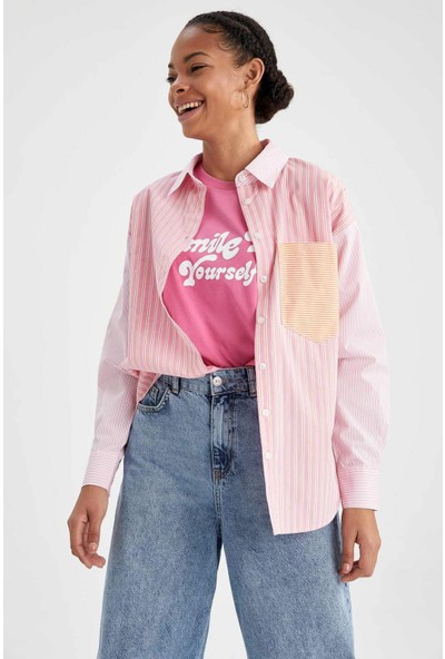 DeFacto Oversize Fit Çizgili Uzun Kollu Poplin Gömlek W8975AZ22SP