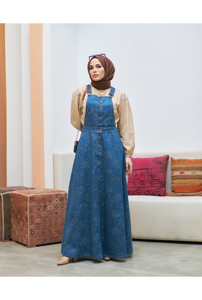 Çiçek Desenli Salopet Elbise Koyu Mavi 2210 Çiçek Desenli Salopet Elbise Koyu Mavi 2210