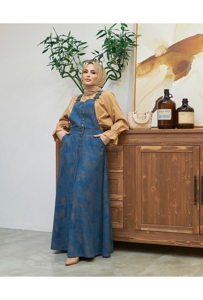 Çiçek Desenli Salopet Elbise Koyu Mavi 2210-2 Çiçek Desenli Salopet Elbise Koyu Mavi 2210-2