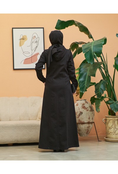 Kapşonlu Kot Ferace Siyah 6463