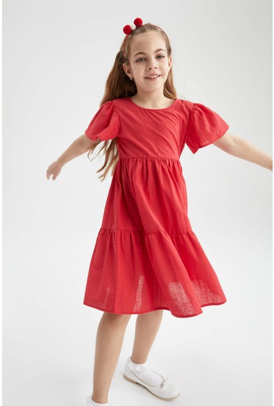 DeFacto Kız Çocuk Regular Fit 23 Nisan Bisiklet Yaka Kısa Kollu Keten Görünümlü Elbise X2255A622SM DeFacto Kız Çocuk Regular Fit 23 Nisan Bisiklet Yaka Kısa Kollu Keten Görünümlü Elbise X2255A622SM