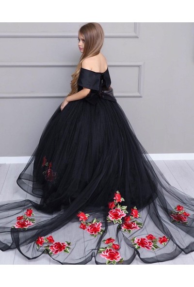 Hersey Bebek Kız Çocuk Siyah Omuz ve Kuyruk Detaylı Abiye Gelinlik