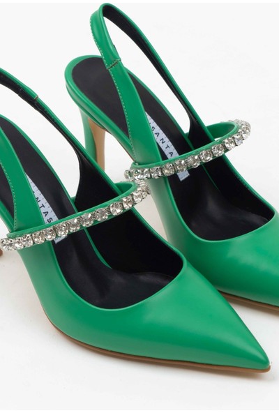 Nişantaşı Shoes Anita Yeşil Mat Taş Detaylı Kadın Topuklu Ayakkabı