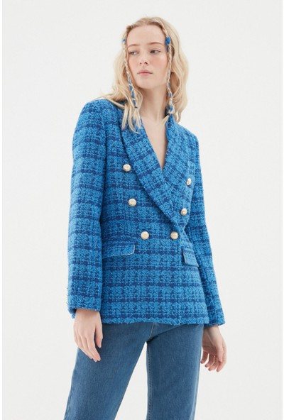 Quzu Kruvaze Tüvit Blazer Ceket Sax Quzu Kruvaze Tüvit Blazer Ceket Sax