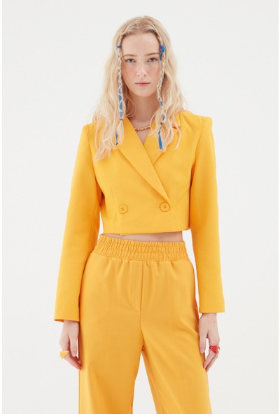 Quzu Kruvaze Crop Blazer Ceket Turuncu Quzu Kruvaze Crop Blazer Ceket Turuncu