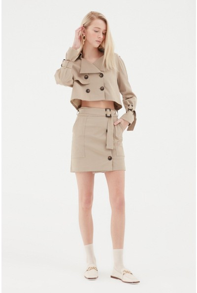 Quzu Kemerli Mini Etek Bej