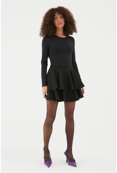 Quzu Volan Detaylı Şort Etek Siyah