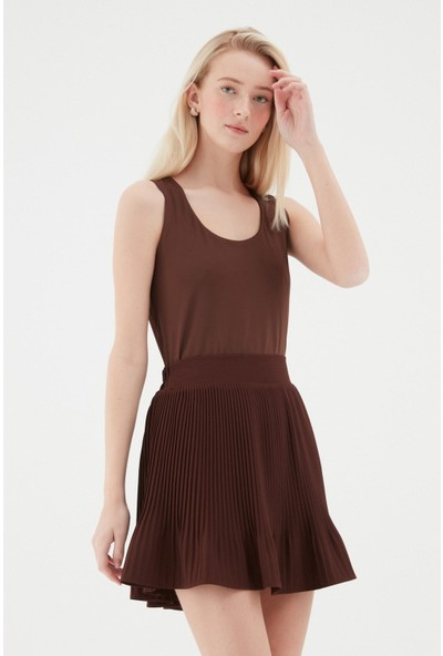 Quzu Piliseli Mini Etek Kahverengi