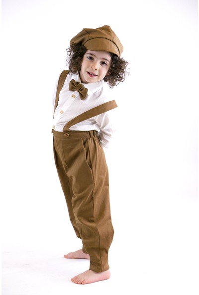 Catz Kids - Havuç Salopet Kahve Gabardin + Gömlek + Papyon + Kasket Catz Kids - Havuç Salopet Kahve Gabardin + Gömlek + Papyon + Kasket