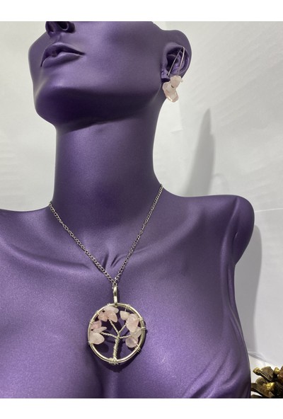 Naturalim Pembe Kuvars Doğal Taş Kolye + Küpe Hayat Ağacı Set Takımı Naturalim Pembe Kuvars Doğal Taş Kolye + Küpe Hayat Ağacı Set Takımı