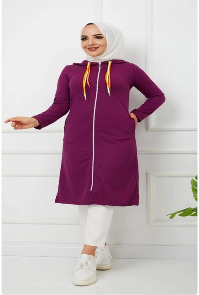 New Face 4182 Kadın Mor Uzun Sweat Hırka