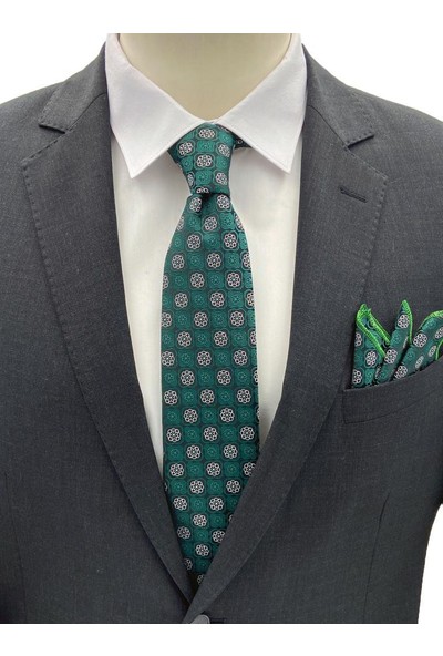 Brianze Yeşil Motif Desen Kravat Mendil Set