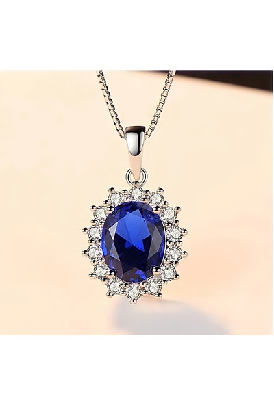 Beskar 925 Ayar Safir Lüks Kubik Zirkon Elmas Taşlı Kolye