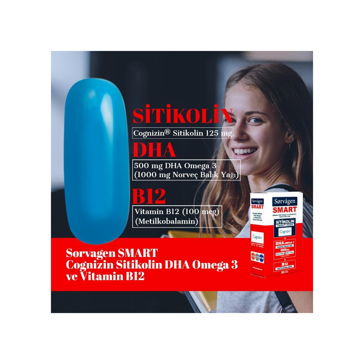 Sorvagen Smart Sitikolin, Dha Omega 3 ve B12 (30 Kapsül) - 2 Fiyatı