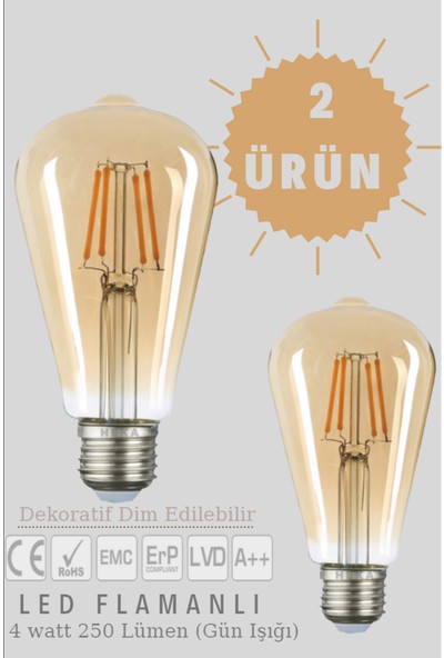 Heka E27 4 W Gün Işığı Dimerli Tip Filament Edison Tip Retro Armut LED Ampül Heka E27 4 W Gün Işığı Dimerli Tip Filament Edison Tip Retro Armut LED Ampül