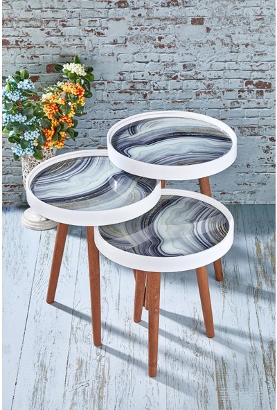 MHK Collection Retro Cam Üzeri Özel Baskı Zigon Sehpa 3'lü