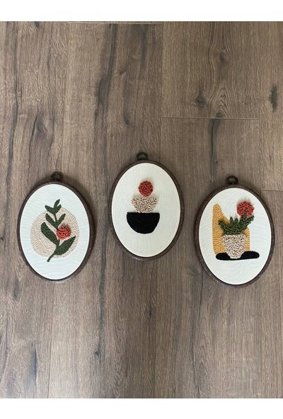 Mintimia 3'lü Set Punch Işlemeli Kasnak Çerçeveli Duvar Süsü Çiçek
