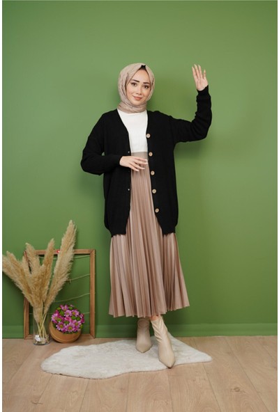 Ruda Consept Deri Görünümlü Piliseli Etek Sütlü Kahve Yeni Sezon