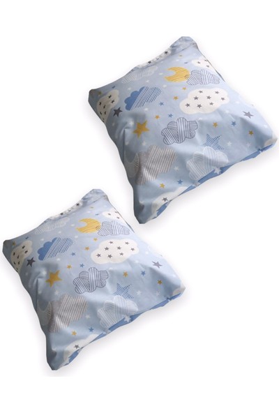 Bebek Özel Pamuklu 2'li Bebek Yastık Kılıfı (35 x 45 Cm) Mavi Bulutlu/ Yıldızlı (Fermuarsız)