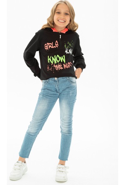 Zepkids Kız Çocuk Girls Baskı Kapüşonlu Yaka Fermuar Sweat 8-12 Yaş