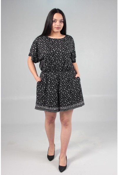 Truva Xxl Büyük Beden Kadın Giyim Penye Likralı Tulum Desenli Siyah TLM144