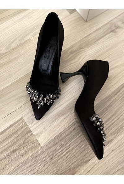Ladieshoe Şampanya Topuk Taşlı Siyahladie