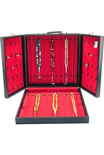 Vitrin Kutu Deri Tespih-Yüzük Çantası Siyah/kırmızı