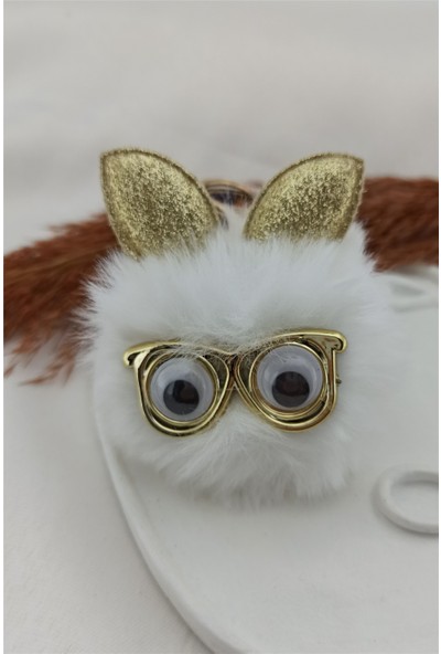 By Zeyna Aksesuar Kulaklı Gözlüklü Beyaz Renk Peluş Anahtarlık